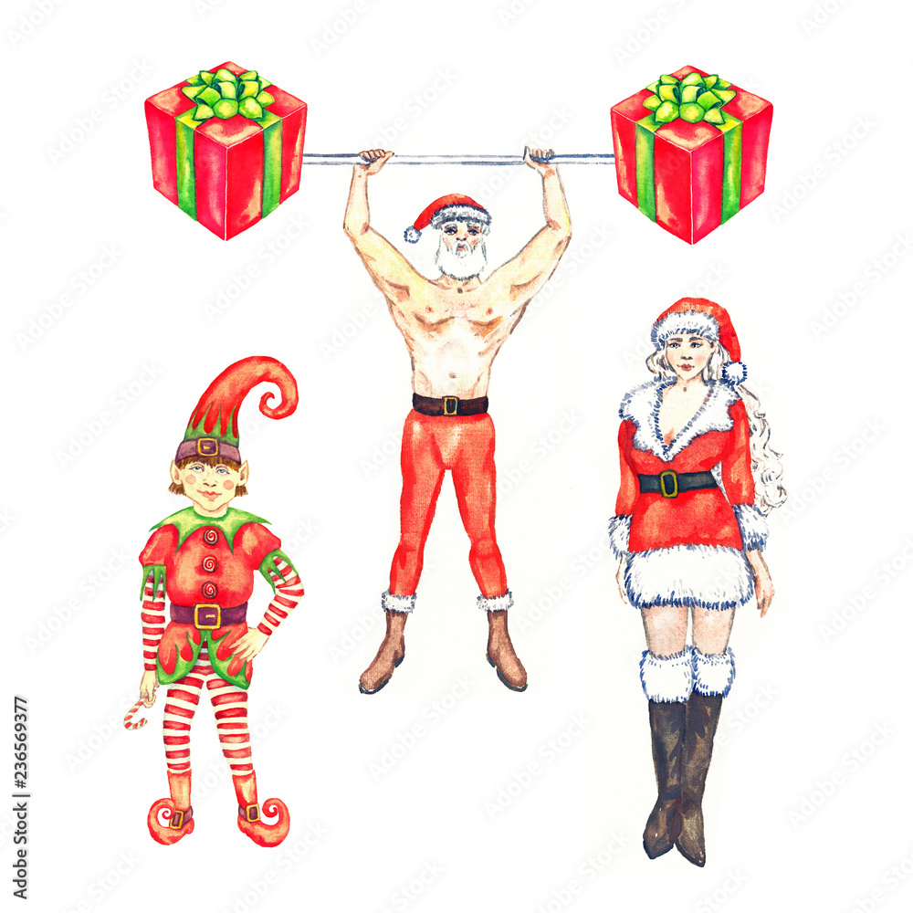 Mrs. and Mr. Santa Claus holding barbell with gift boxes, young and ...
