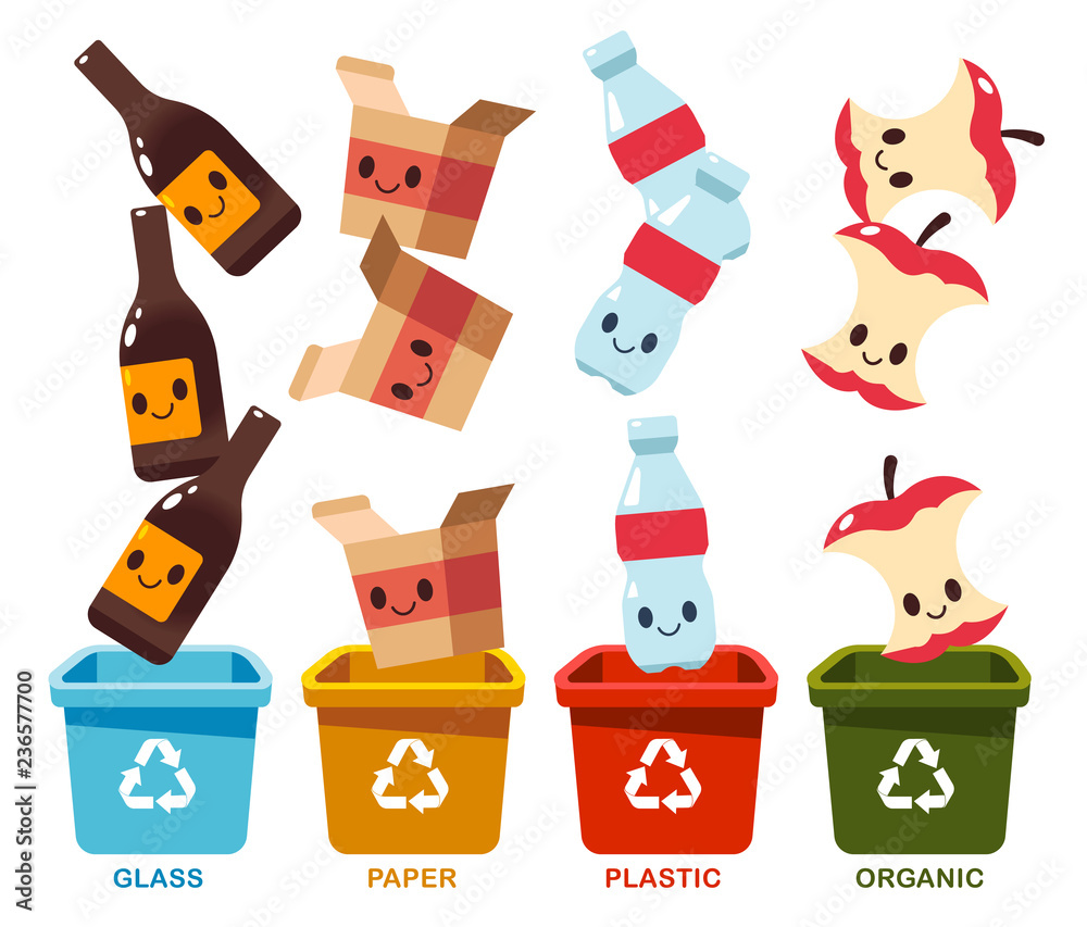 Vector cute garbage characters, waste segregation infographic Stock ...