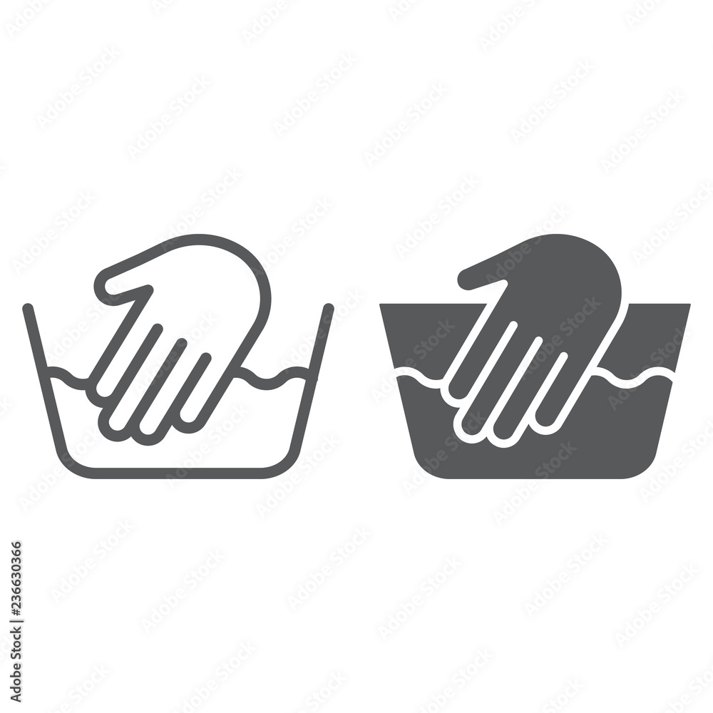 Hand washing line and glyph icon, laundering and wash, hand sign ...