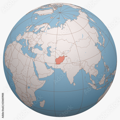 Afghanistan on the globe. Earth hemisphere centered at the location of ...