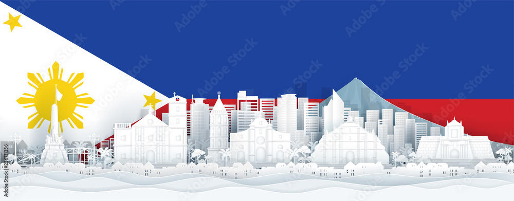 Philippines flag and famous landmarks in paper cut style vector ...