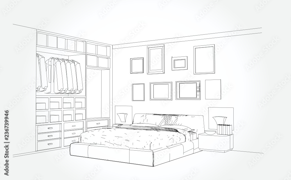 Linear sketch of an interior. Room plan. Sketch Line bedrooms. Vector ...