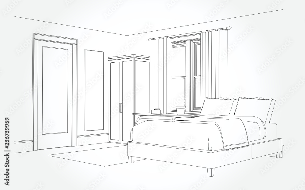 Linear sketch of an interior. Room plan. Sketch Line bedrooms. Vector ...