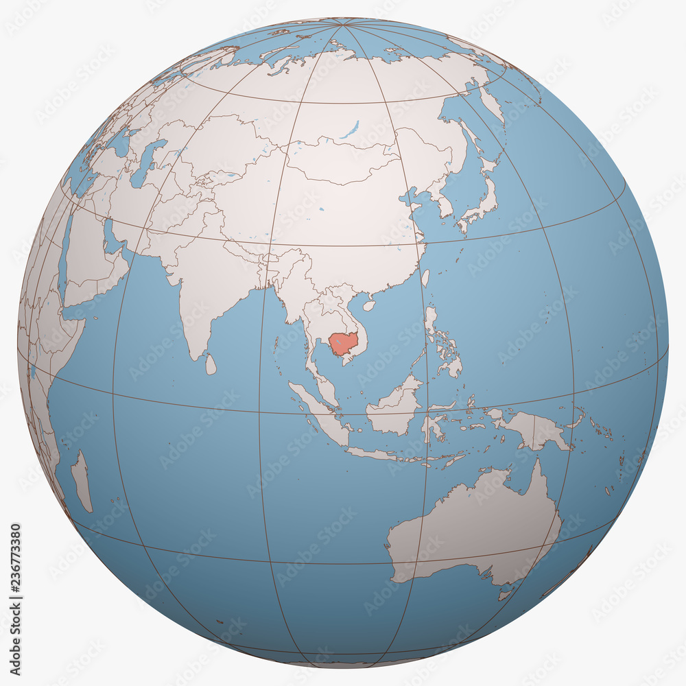 Cambodia on the globe. Earth hemisphere centered at the location of the ...