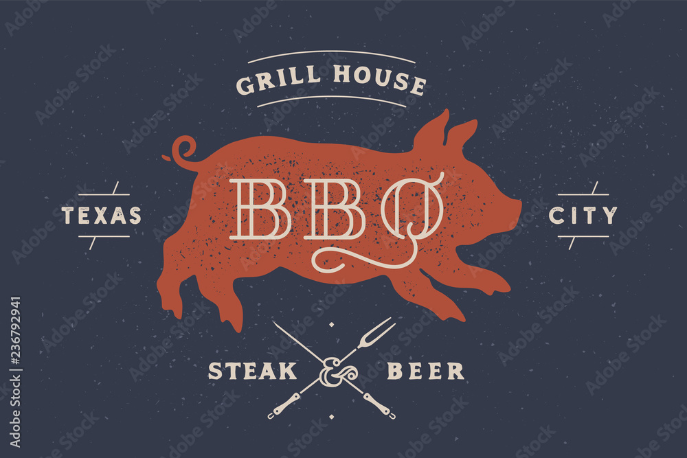 Piggy, pig, pork. Vintage label, logo, sticker, poster for Meat ...