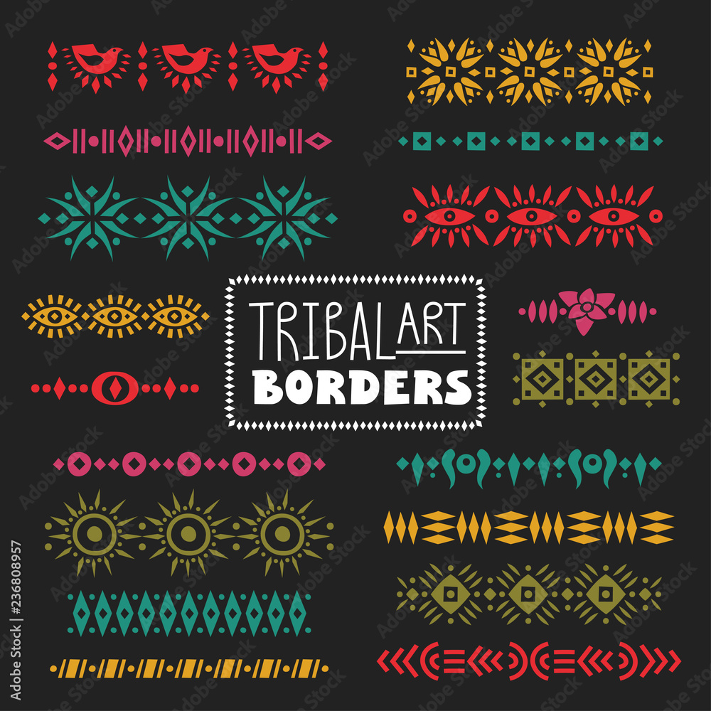 Vector collection of dividers, borders decorated with tribal colored ...