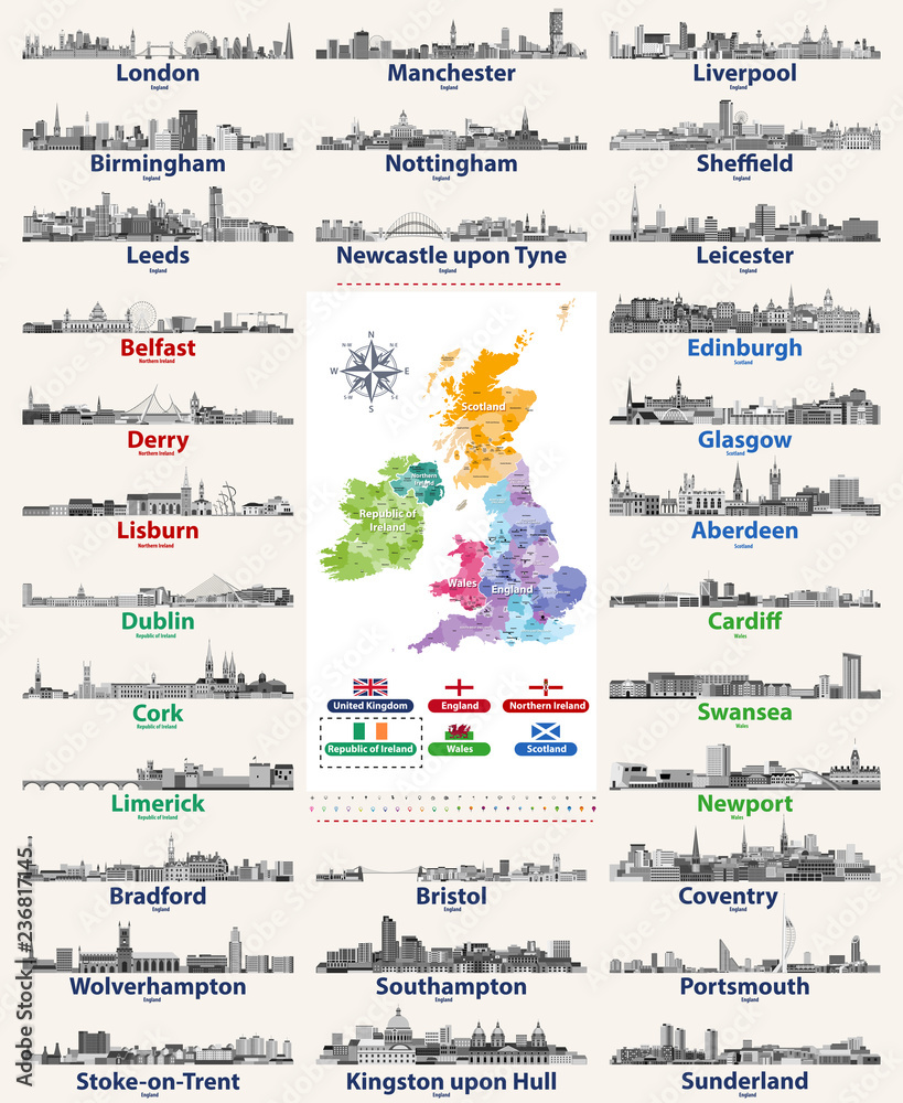 British Isles countries cities skylines in black and white color ...