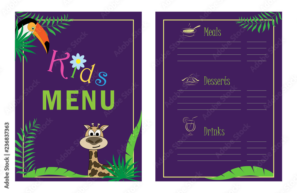 Childrens menu template. Cafe menu design for kids. Kid menu frame ...