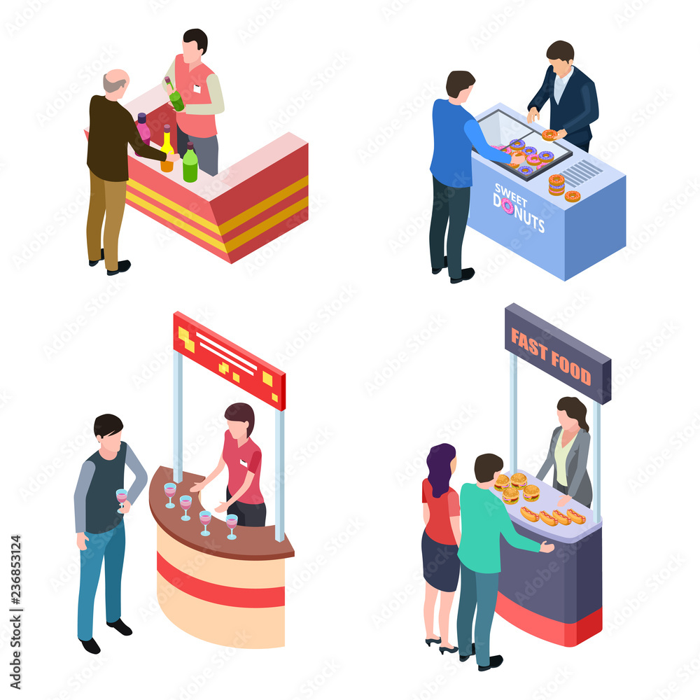 Isometric tasting food and drinks at promotional stands vector ...