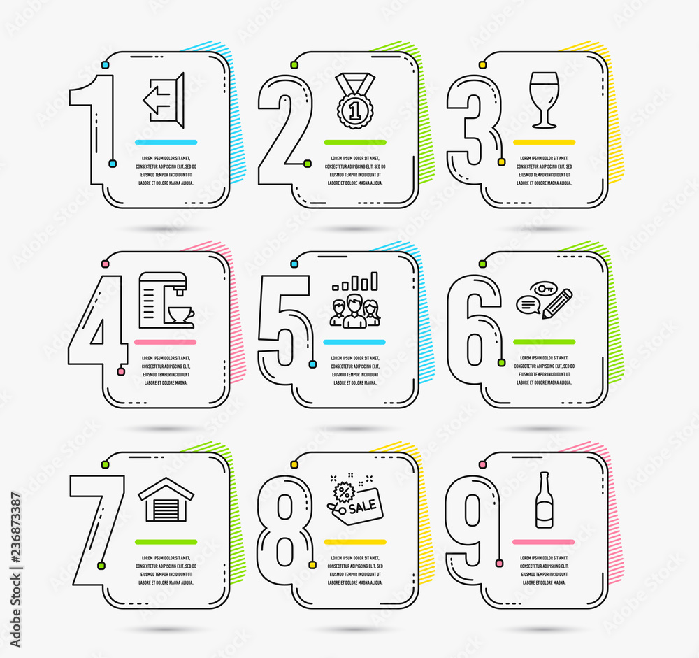 Timeline infographic. Set of Coffee machine, Beer glass and Sign out ...