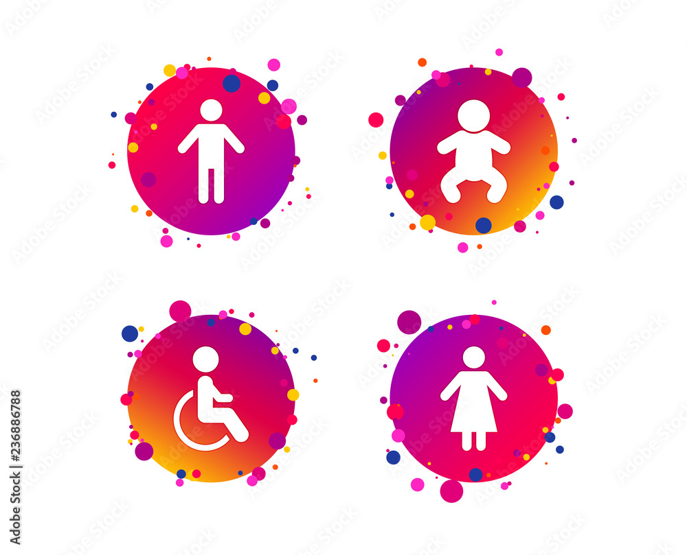 WC toilet icons. Human male or female signs. Baby infant or toddler. Disabled handicapped ...