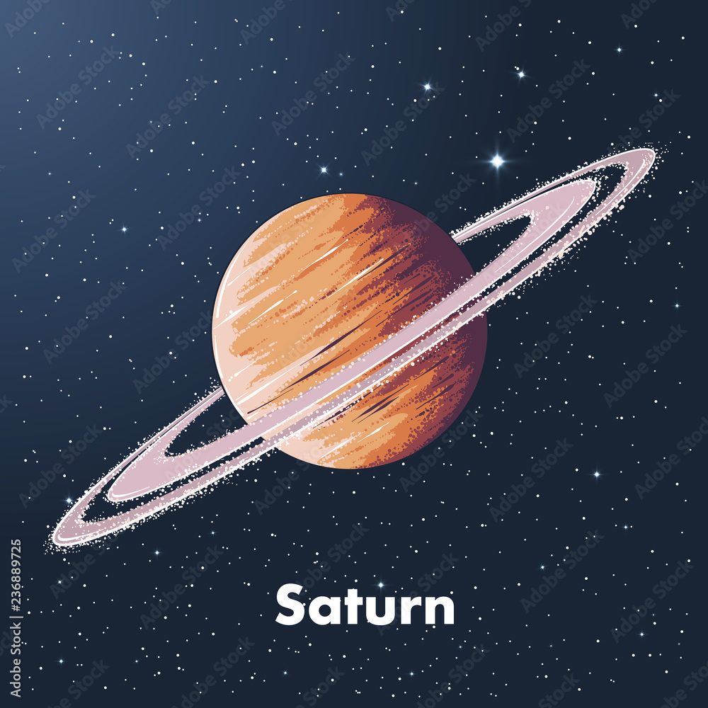 Hand drawn sketch of planet saturn in color, against a background of ...