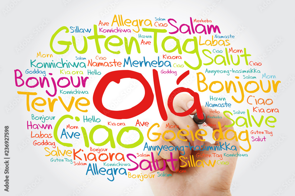 OLA (Hello Greeting in Portuguese) word cloud in different languages of ...