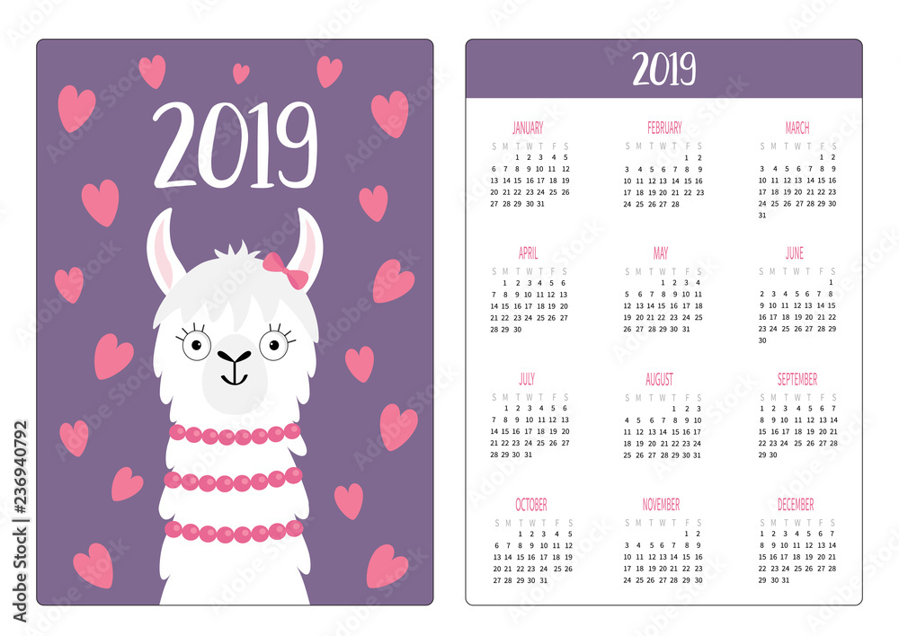 Alpaca llama and love hearts. Simple pocket calendar layout 2019 new ...