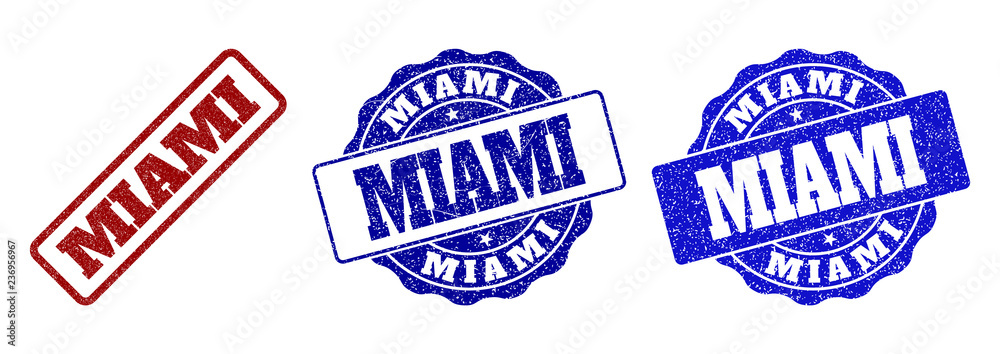MIAMI scratched stamp seals in red and blue colors. Vector MIAMI marks ...