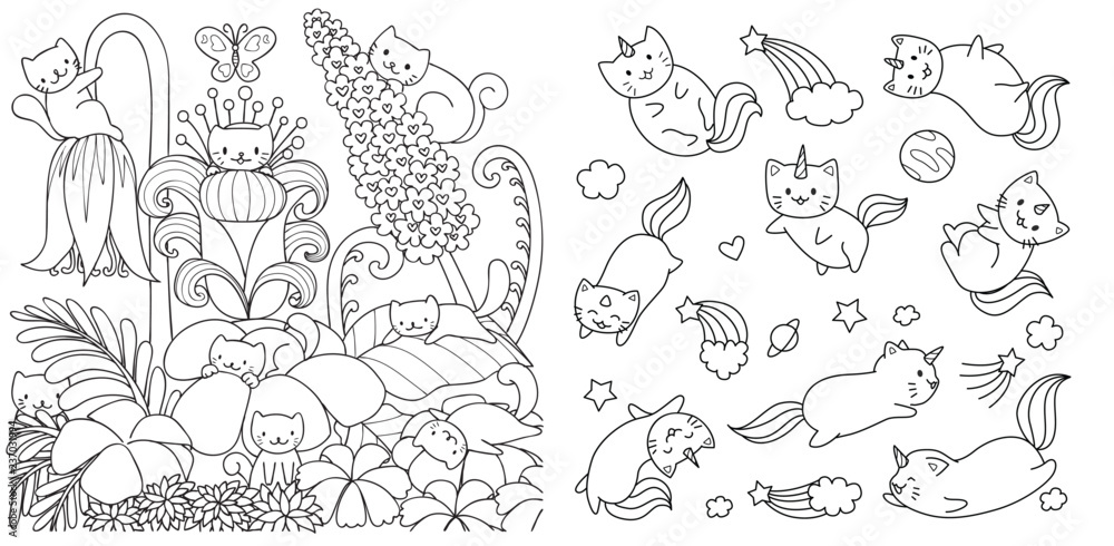 Hand drawn happy cats in floral forest in spring season and cats with ...