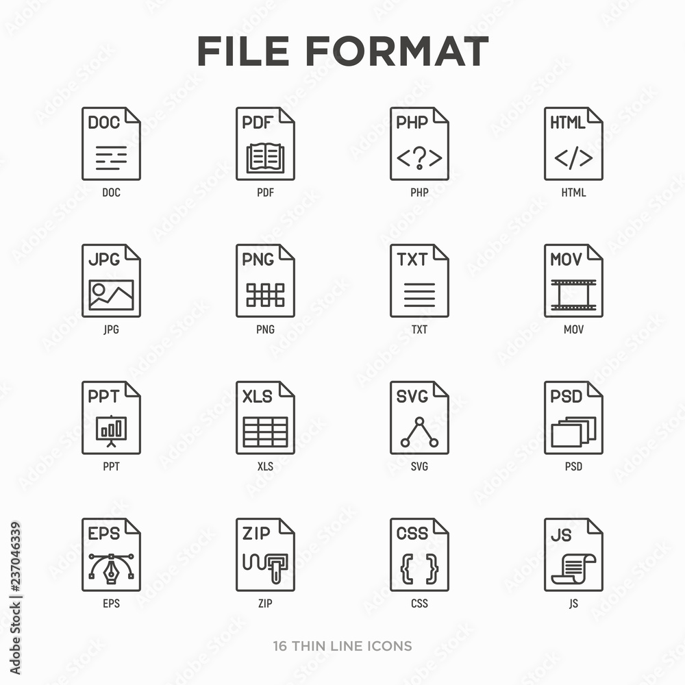 File formats thin line icons set: doc, pdf, php, html, jpg, png, txt ...