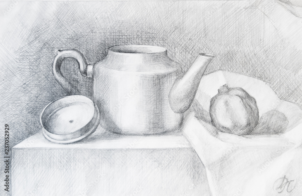 still-life figure pencil drawing composition with pomegranate and ...