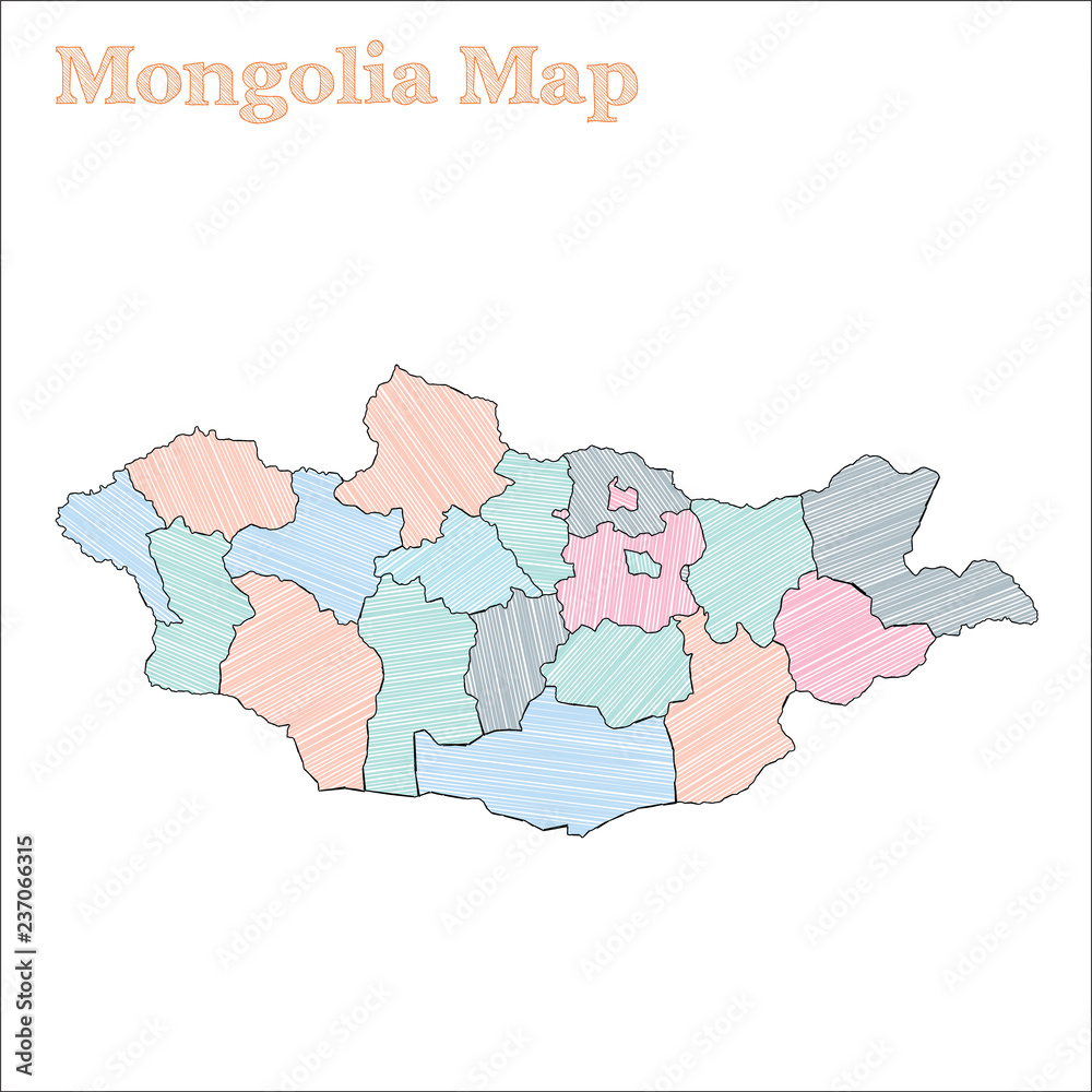 Mongolia hand-drawn map. Colorful sketchy country outline. Stunning ...