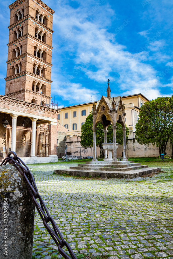 Photo Stock The church, the bell tower, and the liturgical fountain ...