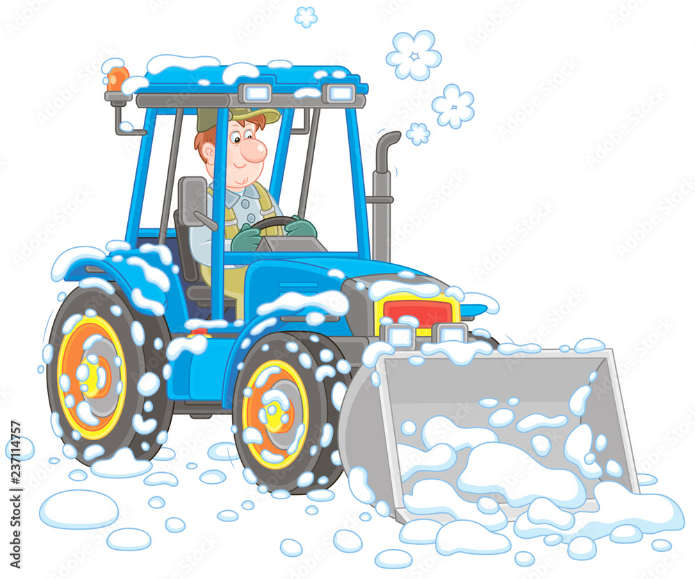 Smiling worker driving his wheeled tractor grader with a bucket and ...