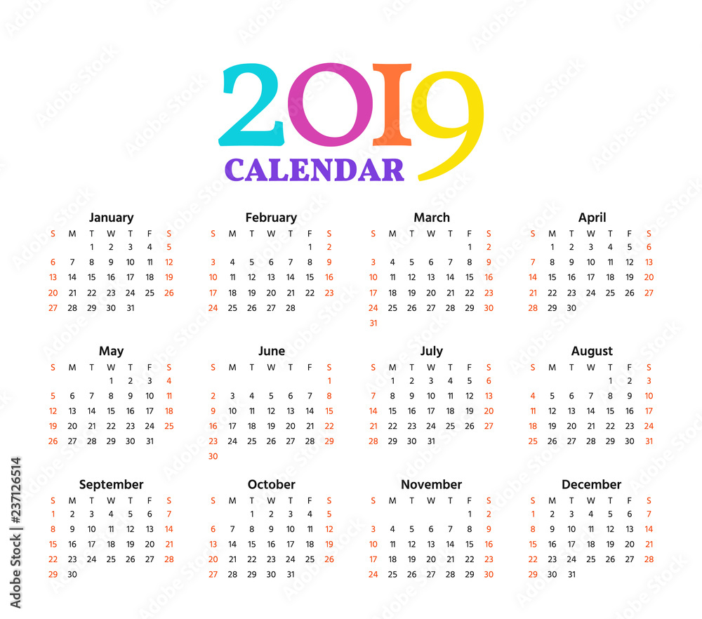 2019 Calendar. Vector. Stationery 2019 year square template. Week ...