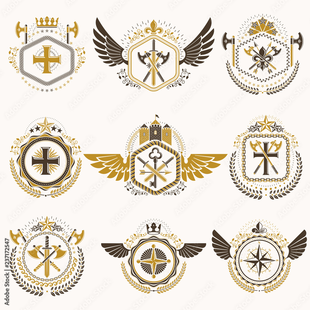 Heraldic decorative emblems made with royal crowns, animal ...