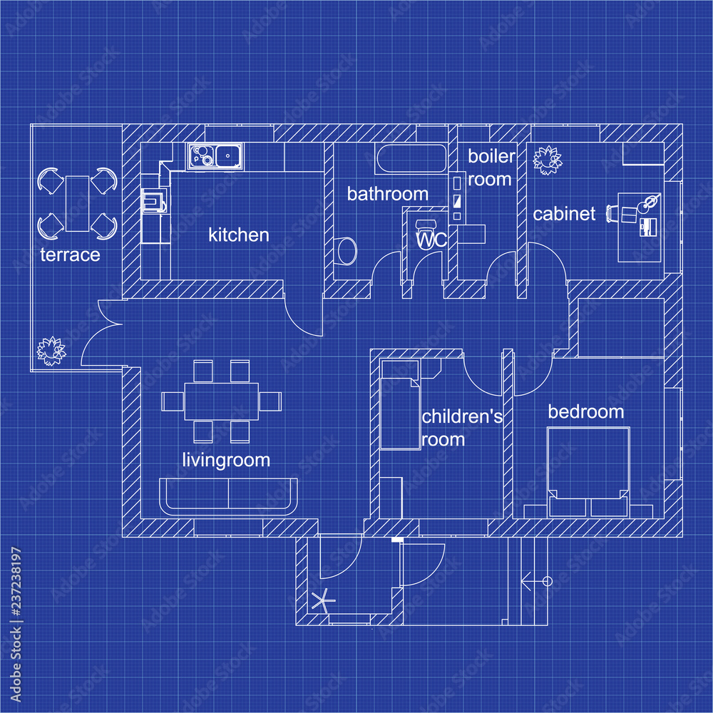 Blueprint floor plan of a modern apartment on graph paper. Vector ...