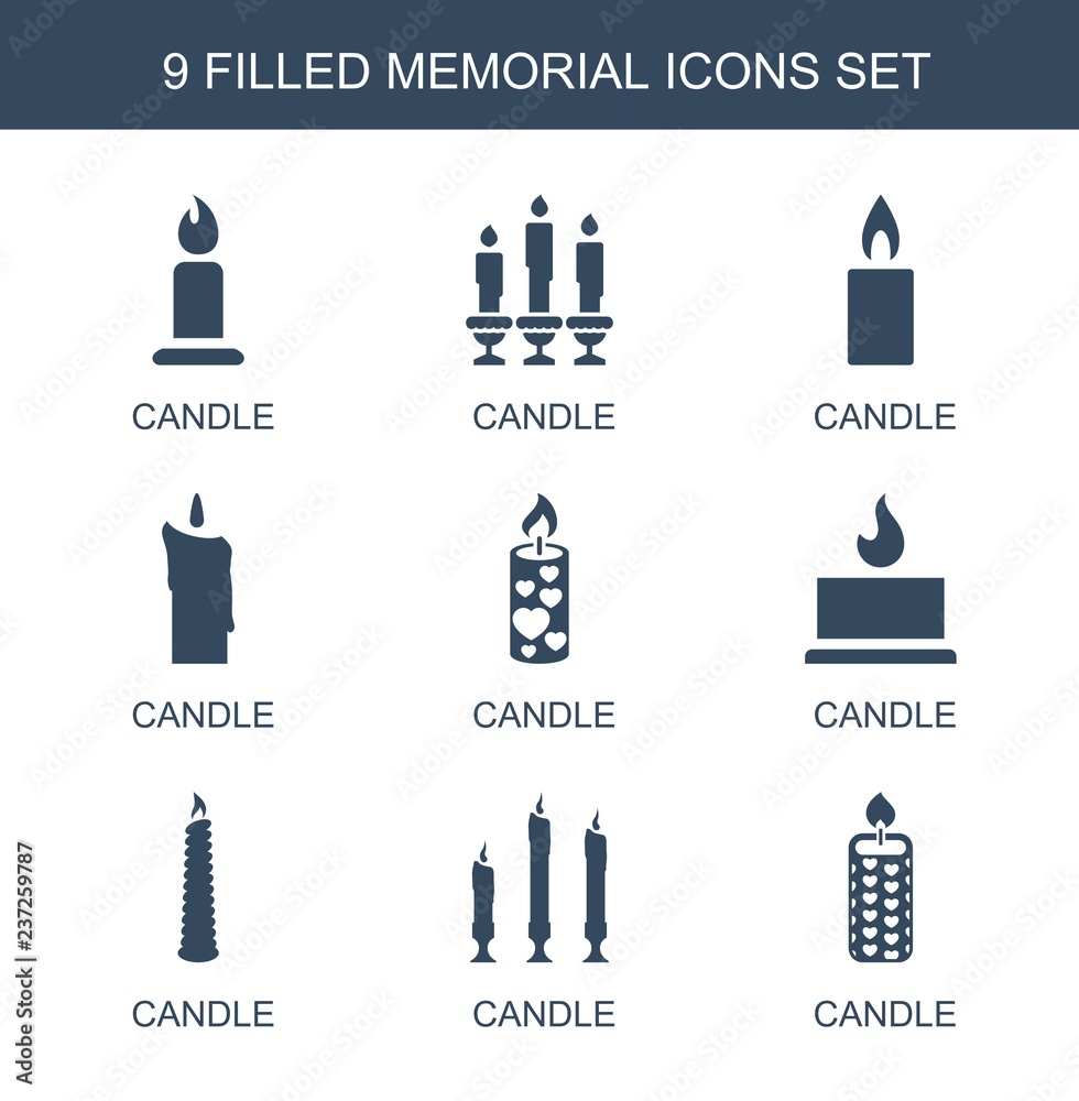 memorial icons. Set of 9 filled memorial icons included candle on white ...