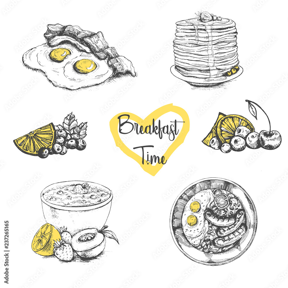 Balanced diet.Breakfasts and brunches . Food menu design. Vintage hand ...