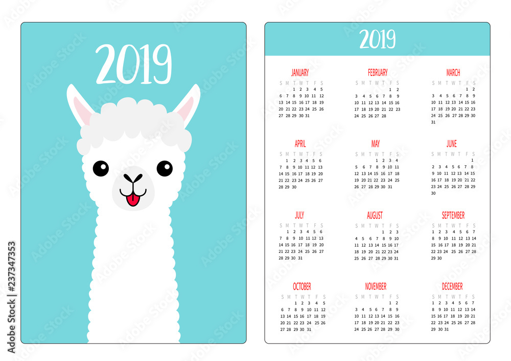 Vector de Stock Llama alpaca face neck, tongue. Simple pocket calendar ...