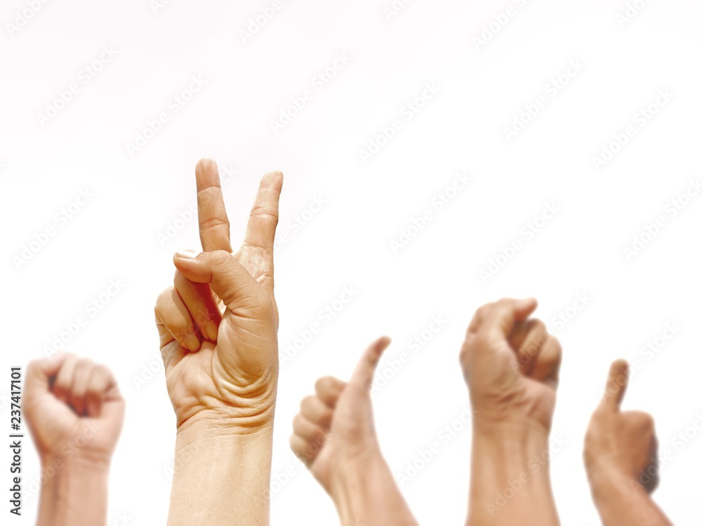 Man hands group in victory, clenched fist and thumbs up signs gesture ...