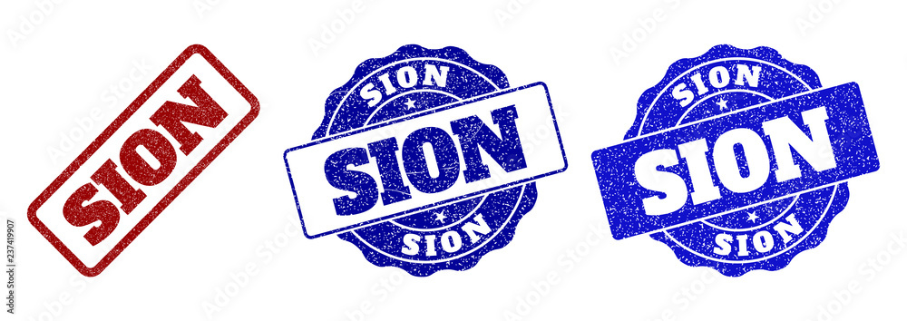 SION scratched stamp seals in red and blue colors. Vector SION ...