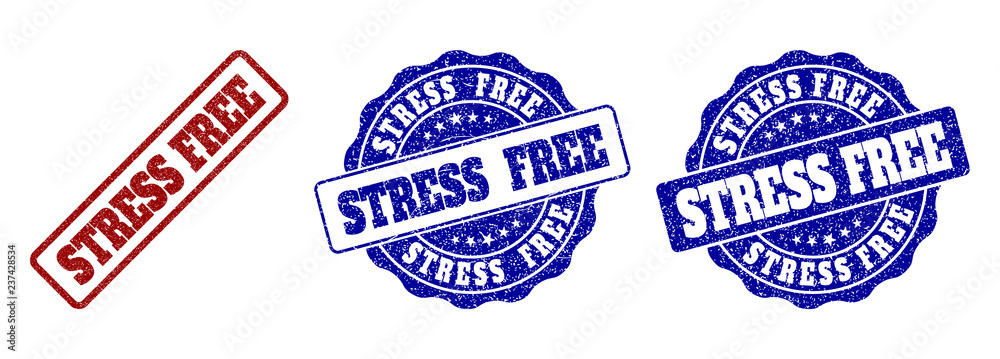 STRESS FREE grunge stamp seals in red and blue colors. Vector STRESS ...
