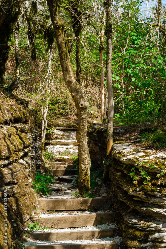 staircase on an ecological path through a natural passage in the rocks ...