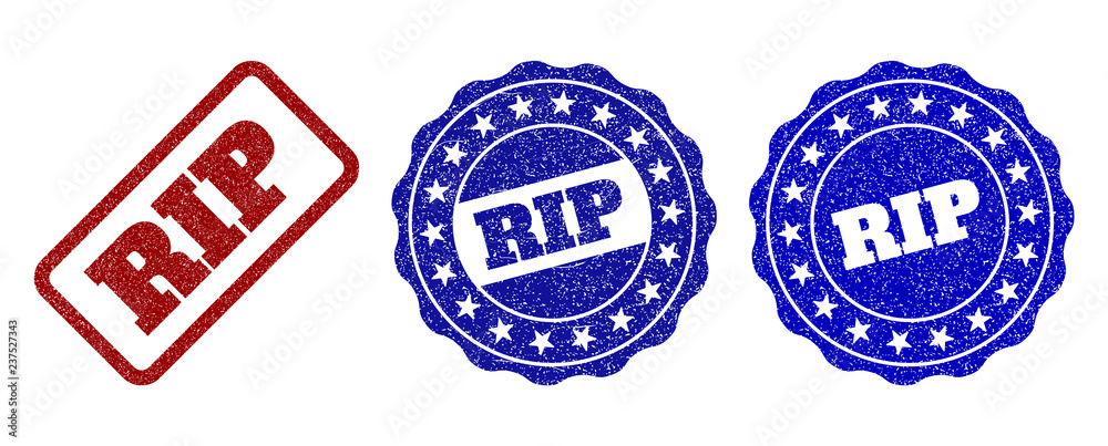 RIP grunge stamp seals in red and blue colors. Vector RIP overlays with ...