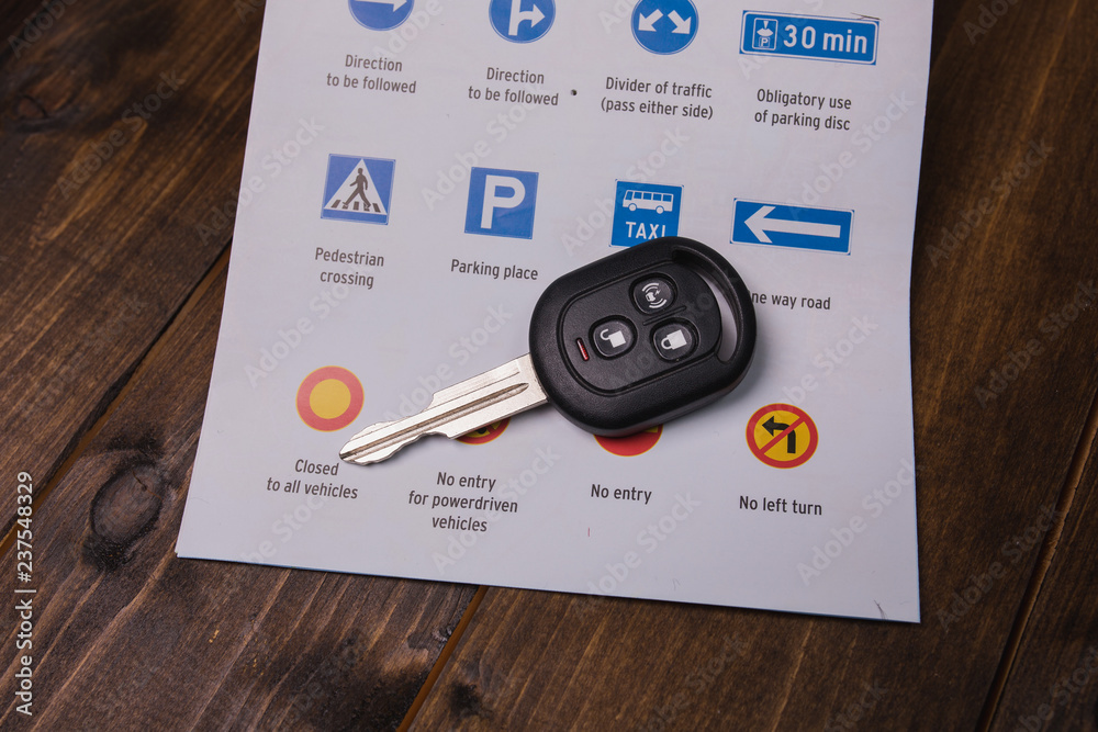 Concept - driving instruction. Closeup of road signs and car keys on a ...