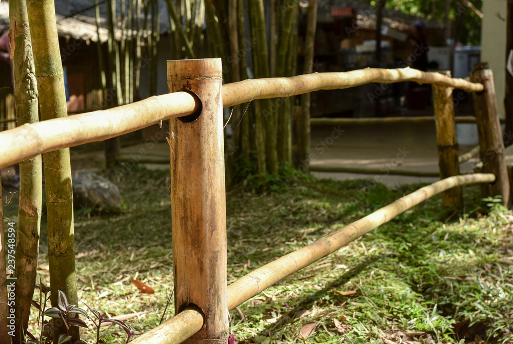 Boundary bamboo railing fence in rural area of Thailand. Bigger bamboo ...