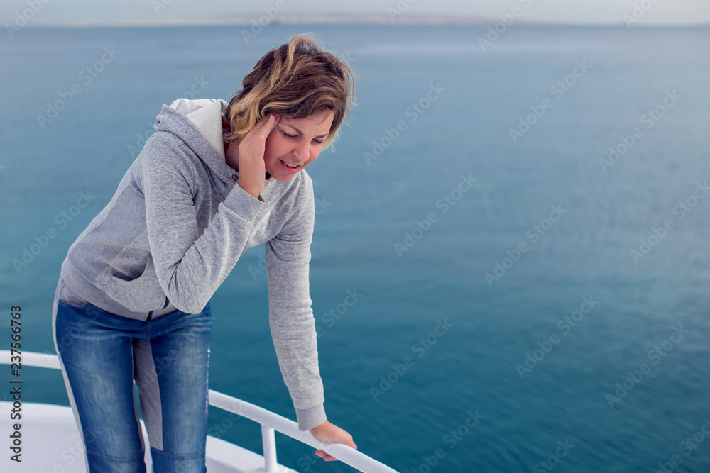Cruise sea motion sickness tourist woman seasick on boat vacation with ...