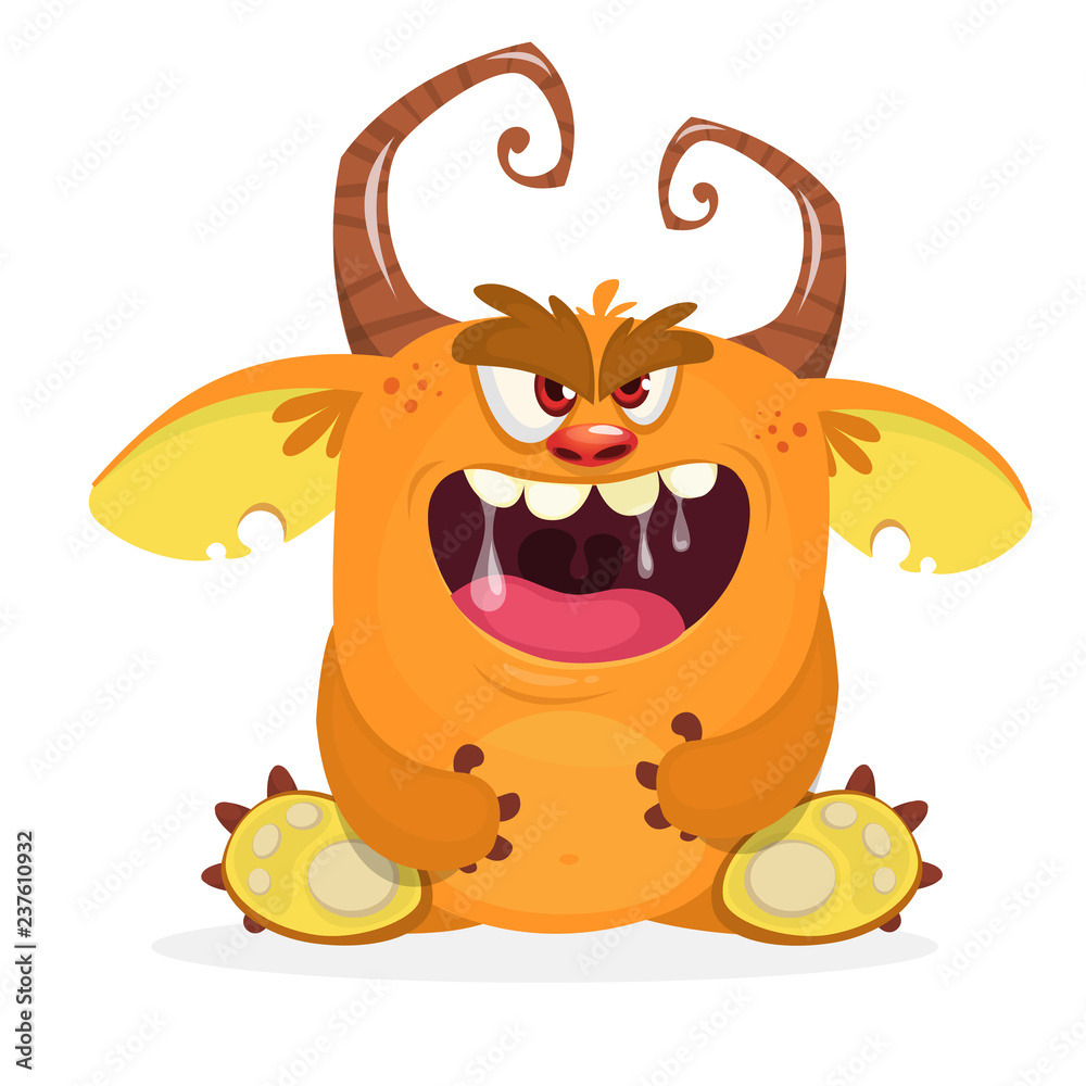Angry cartoon monster sitting. Halloween vector horned monster clipart ...