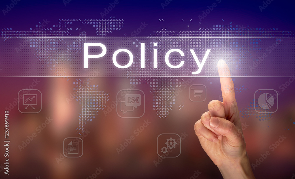 A hand selecting a Policy business concept on a clear screen with a ...