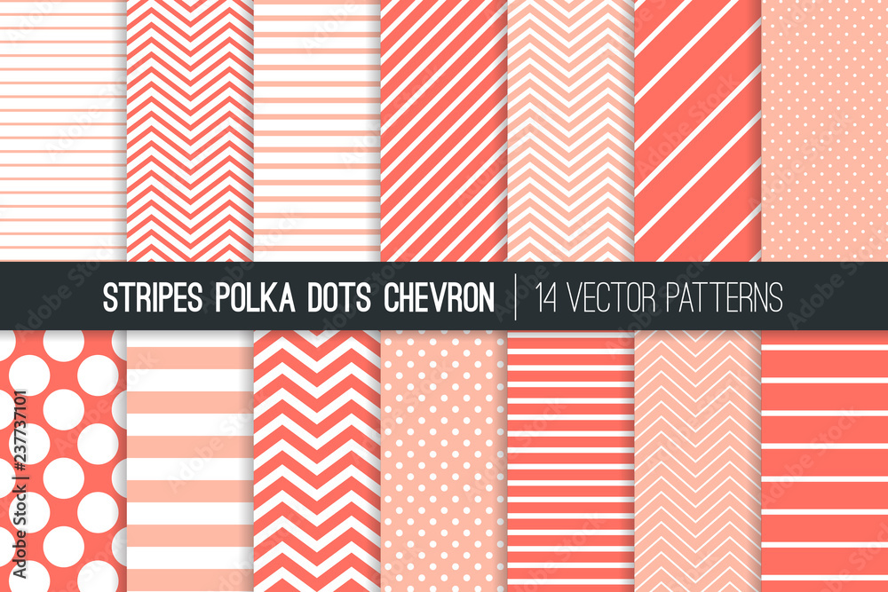 Coral Pink Polka Dot, Chevron and Diagonal and Horizontal Stripes ...
