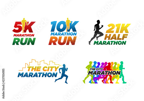 set colorful marathon run event logo template with running people ...