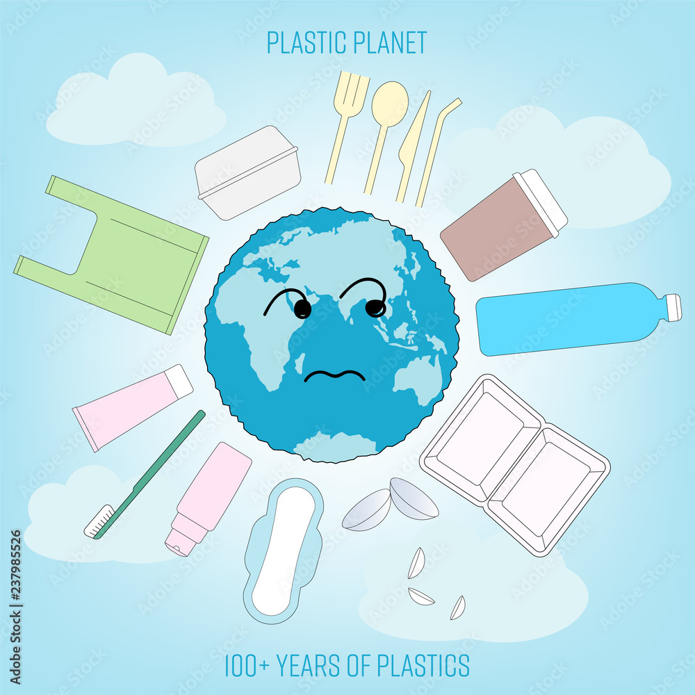 Cartoon earth surrounded by disposable consumer products outline flat ...