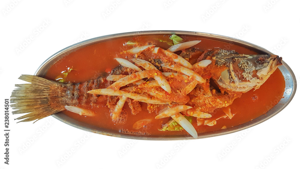 Spicy sour soup with Snappers fish and lotus stem on isolate white ...