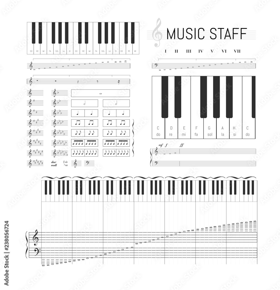 Music Note Background four octaves, piano keys, sharp, keys, major ...