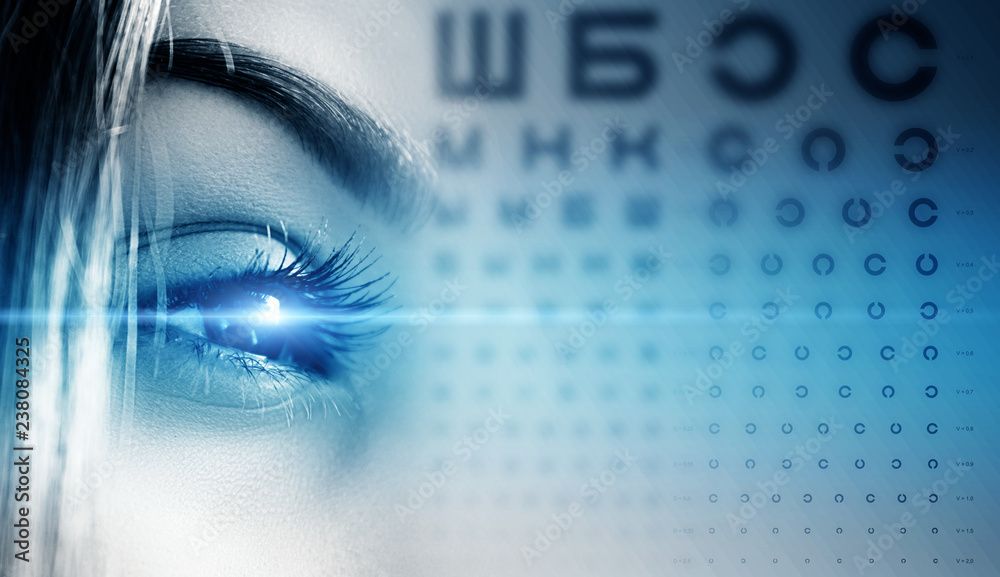 Human female eye closeup, human vision test, alphabet chart, table ...