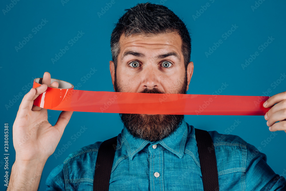International Human Right day. man wrapping mouth by adhesive tape ...
