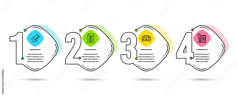 Infographic timeline. Set of Credit card, Technical info and Car icons ...