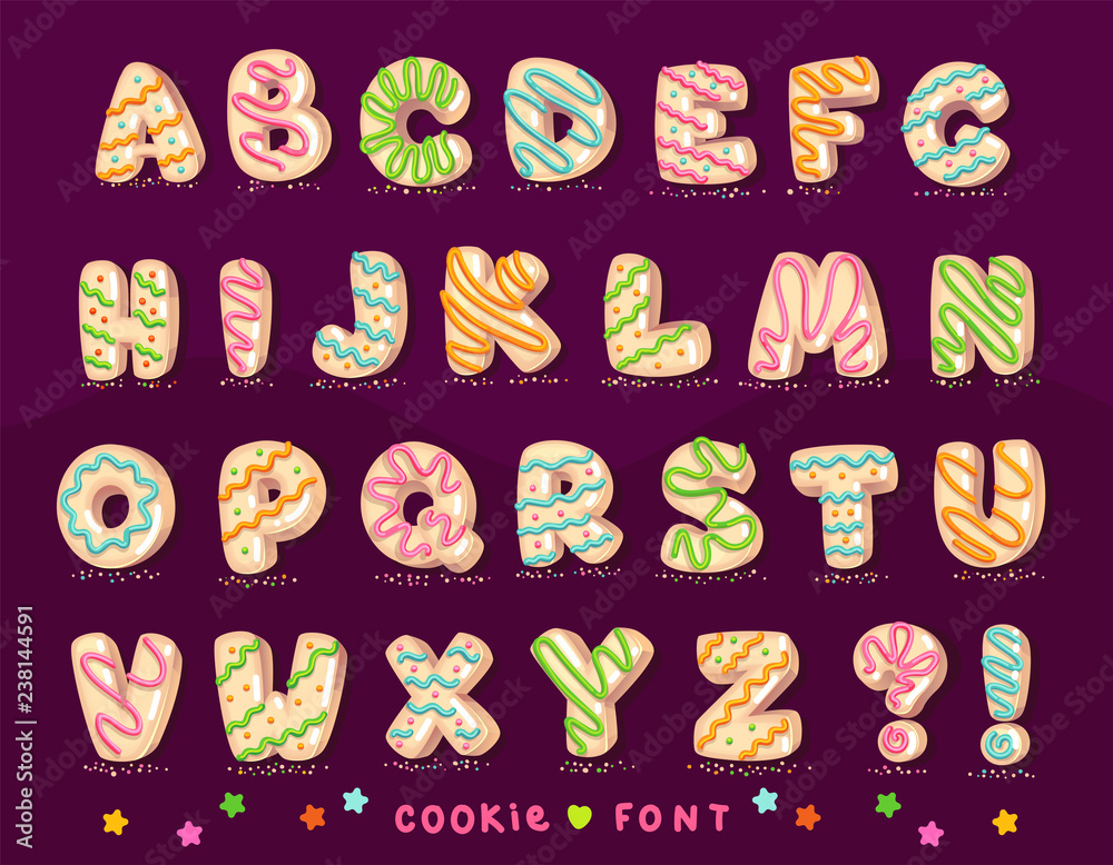 Sweet cookie font. Vector letters baking in colored glaze set Stock ...